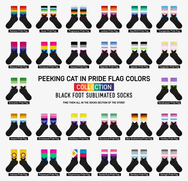 Peeking Cat in Bigender Flag Colors | Black Foot Sublimated Socks ...