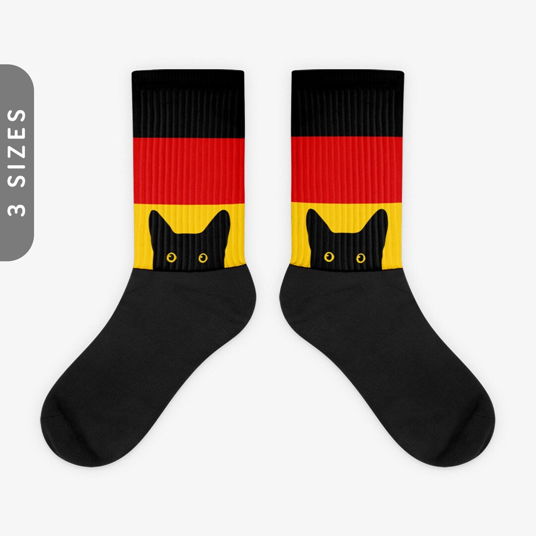 Peeking Cat in German Flag Socks | Black Foot Sublimated Socks ...