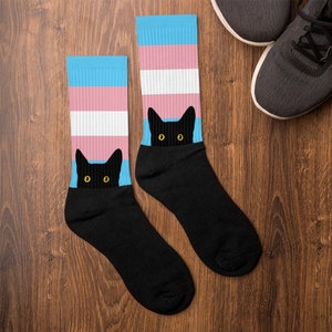 Peeking Cat in Trans Flag Colors Black Foot Sublimated Socks, LGBTQ ...