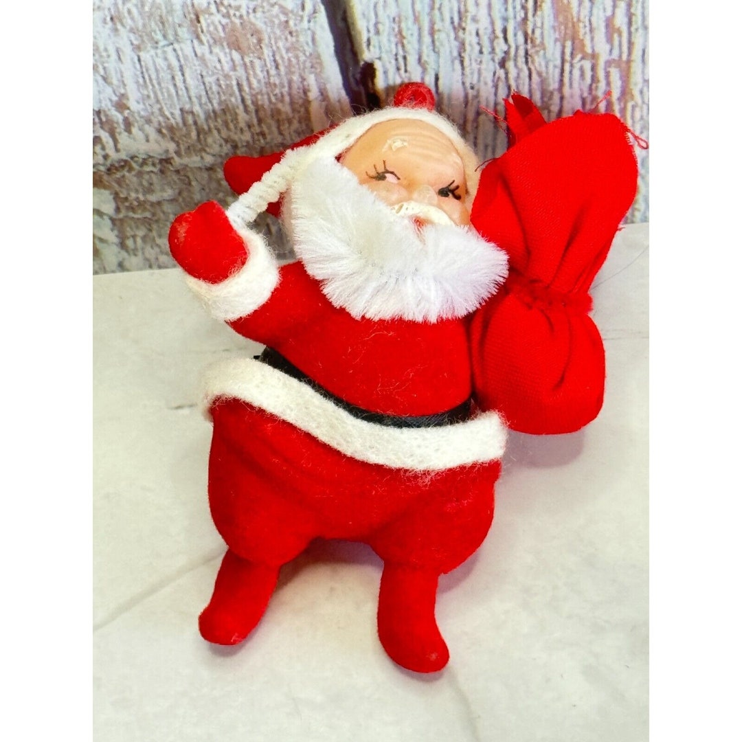 Vintage Plastic Face Small Styro Red Felt Santa Claus With Sack ...