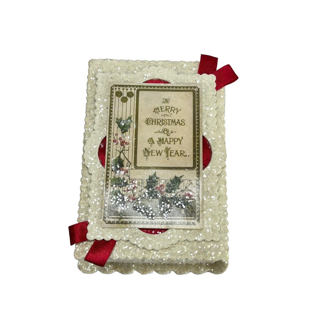 Vintage Chic Cardboard Mica Flaked Merry Christmas Happy New Year ...