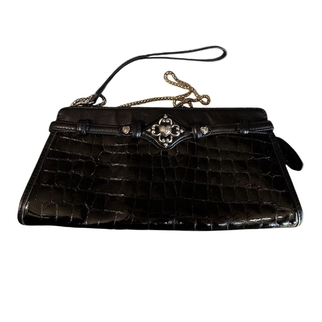 Brighton Black Croc Embossed Leather Clutch Crossbody Purse Silver ...