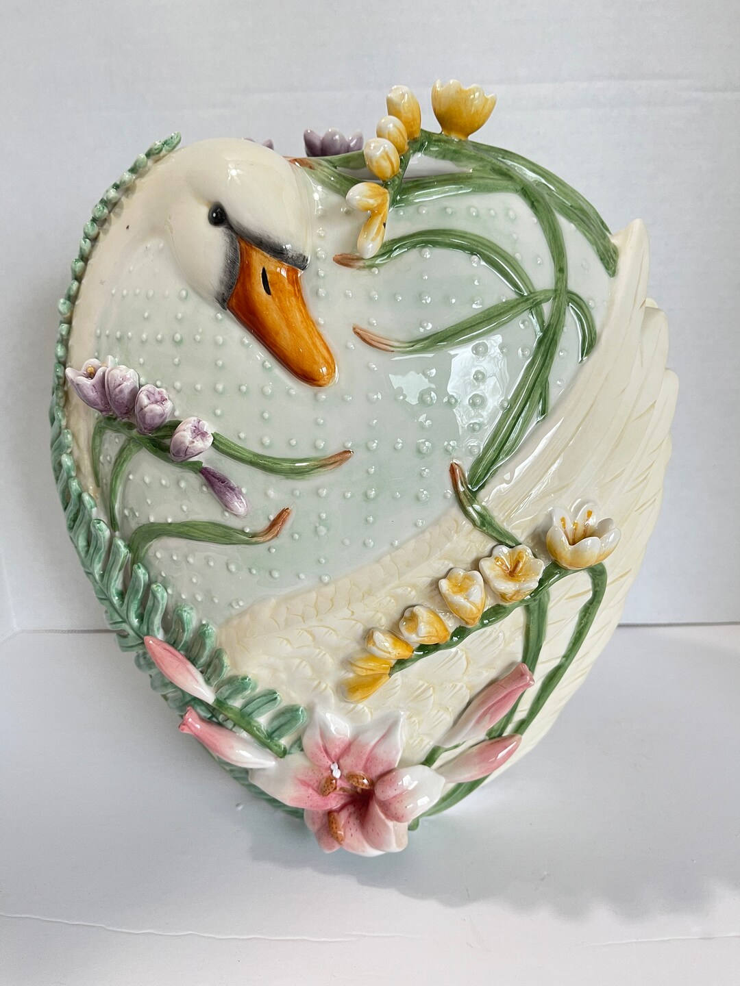 Vintage Fitz & Floyd Classic Large Swan Floral Vase Embosed Design Mint ...