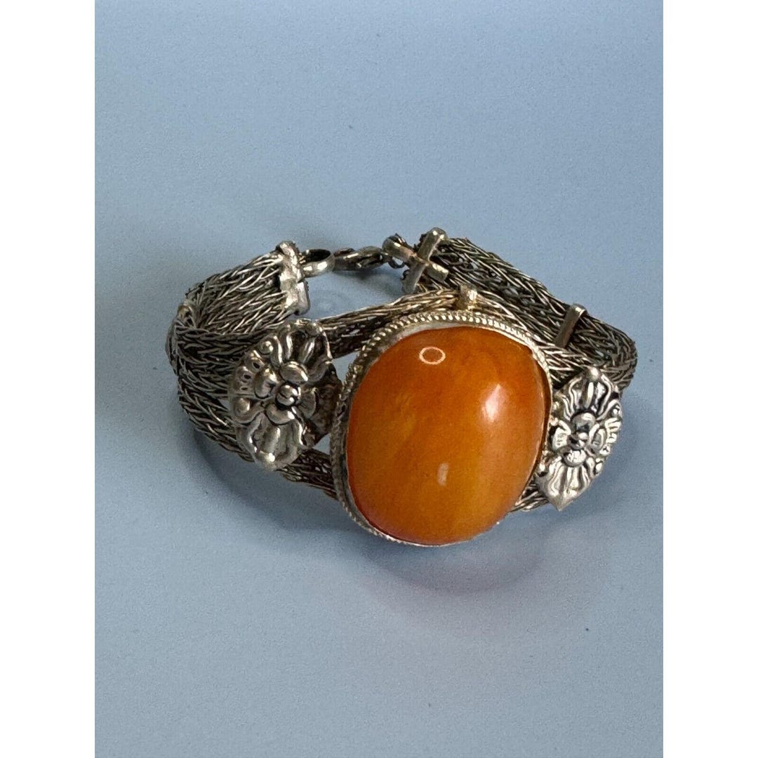 Tibetian Copal Silver Inlay Beeswax Amber Mesh Strand Bracelet - Etsy