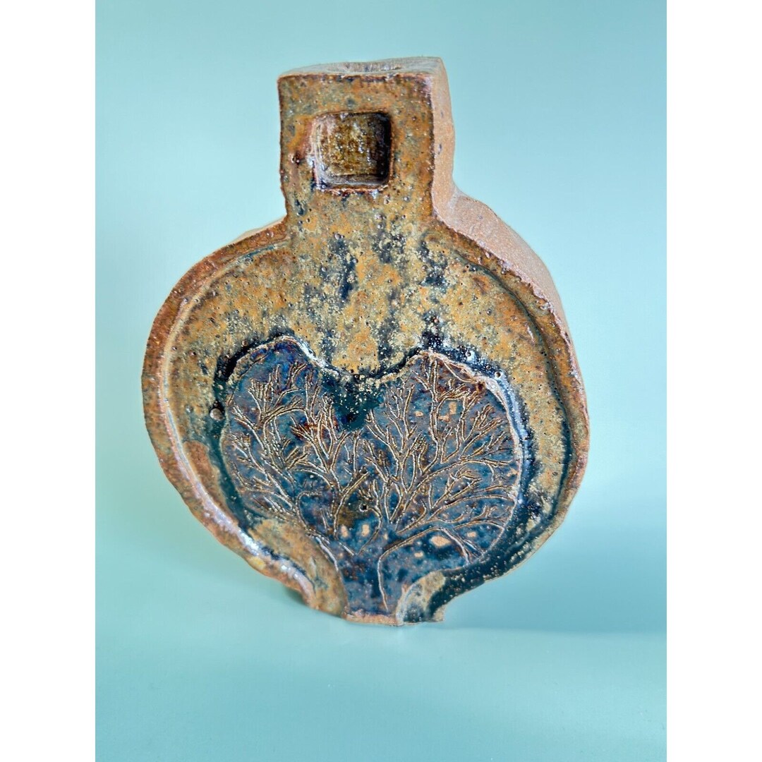 Vintage Primitive Heavy Pottery Flask Tree Design Signed by Artist - Etsy