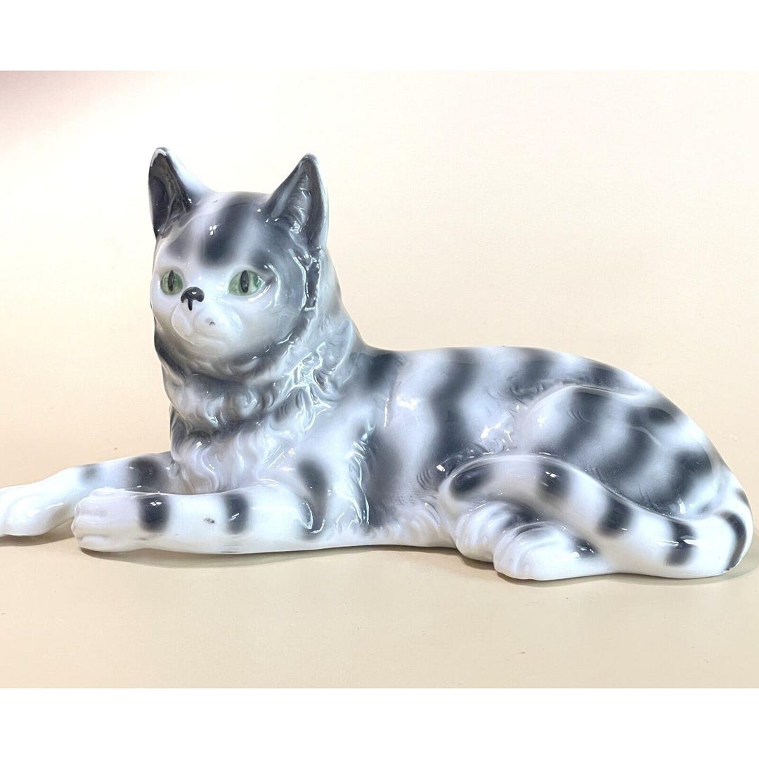 Vintage Thuringia Porcelain Tabby Cat Figurine Gray White Stripe Green ...