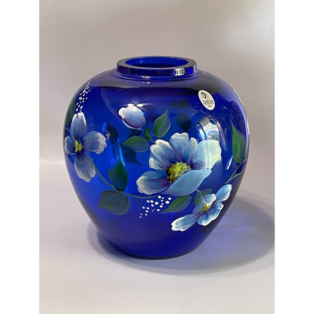 Fenton Cobalt Blue Hand Painted Vase Signed by Both Sally Fenton & Sue ...
