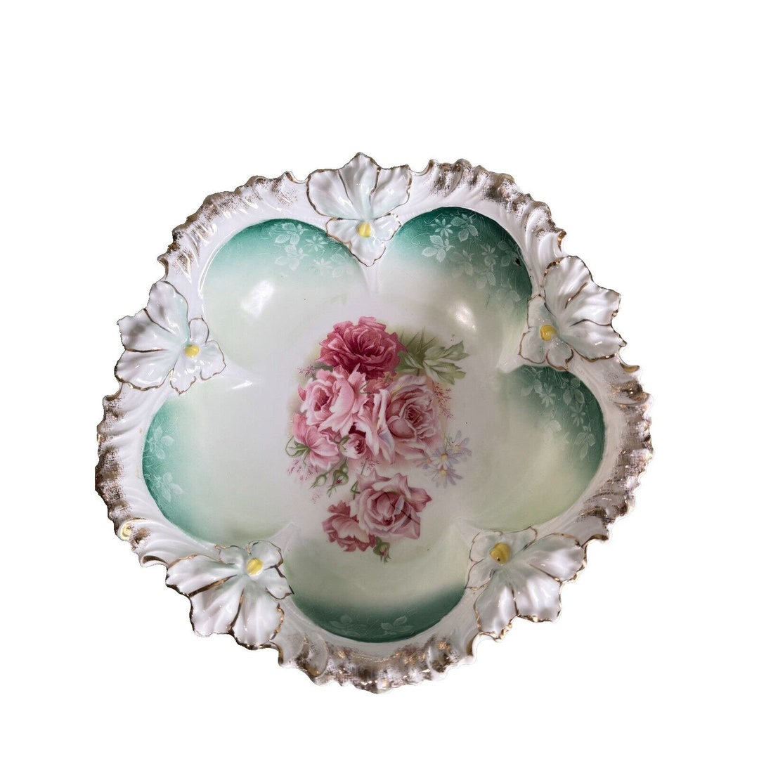 Large Antique RS Prussia Rose Floral Ruffled Edge Gold Gilt Serving ...