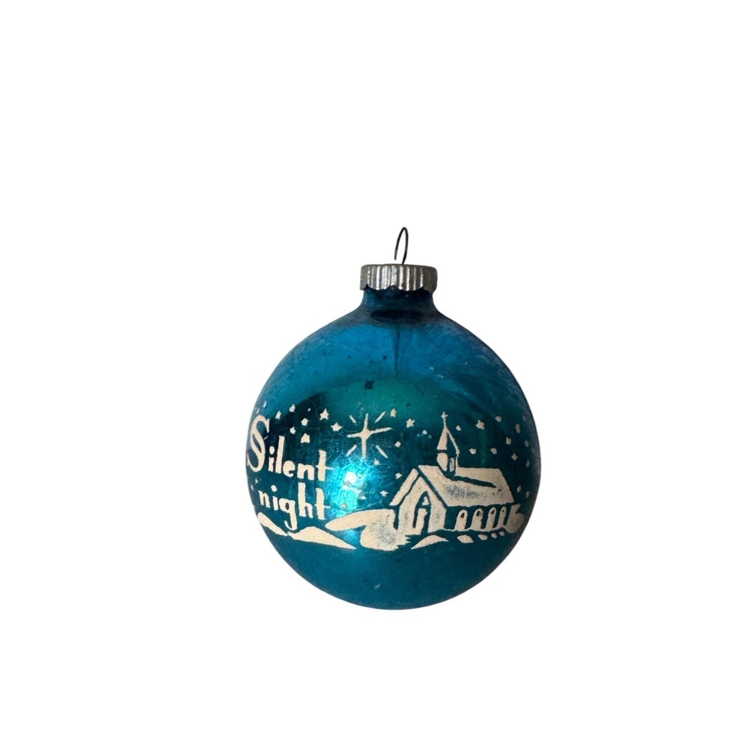 Vintage Shiny Brite Silent Night Glass Ornament Church Scene 3" Blue ...