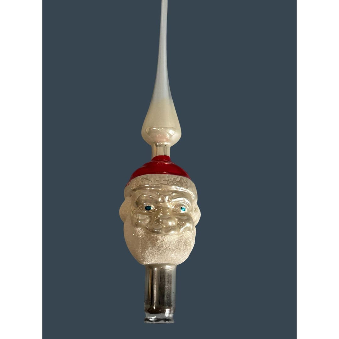 Vintage Glass Santa Head Tree Topper Silver Finial Red White Blue Eyes ...