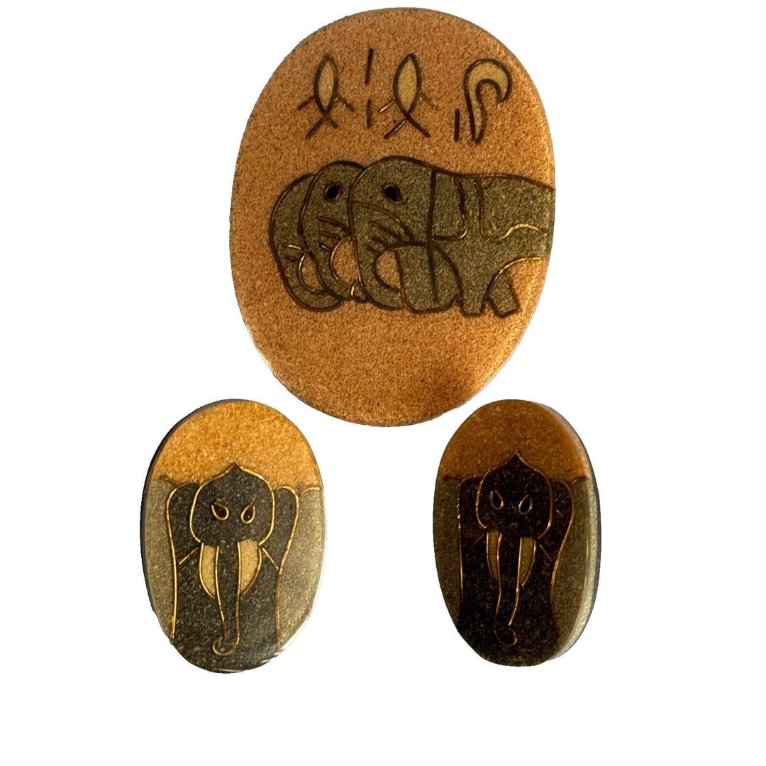 Hand Crafted Inlaid Abalone Shell Elephant Jewley Set Brooch Piereced ...