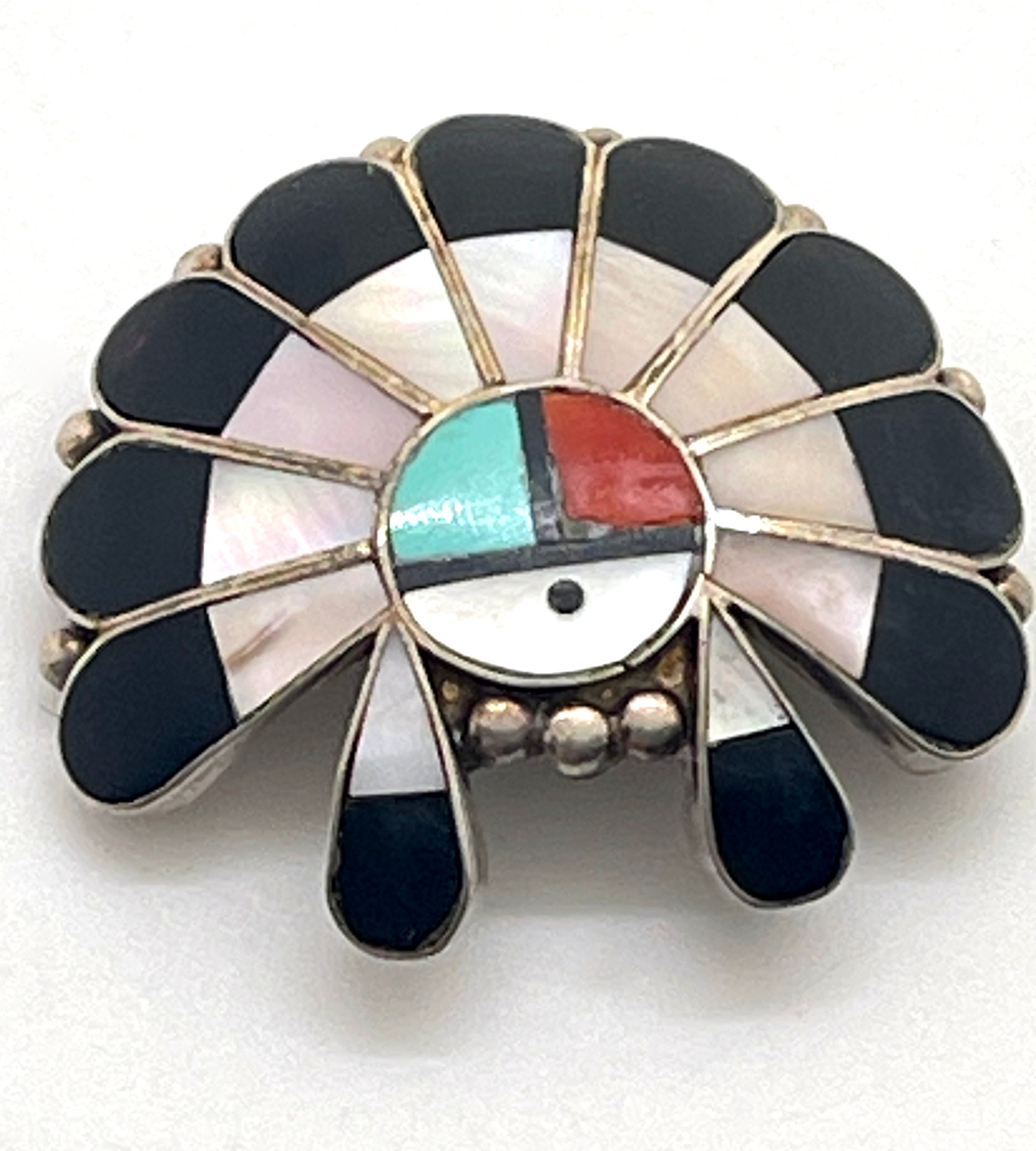 Vintage Zuni Sunface Turquoise Coral Sterling Pendant/brooch Unsigned ...