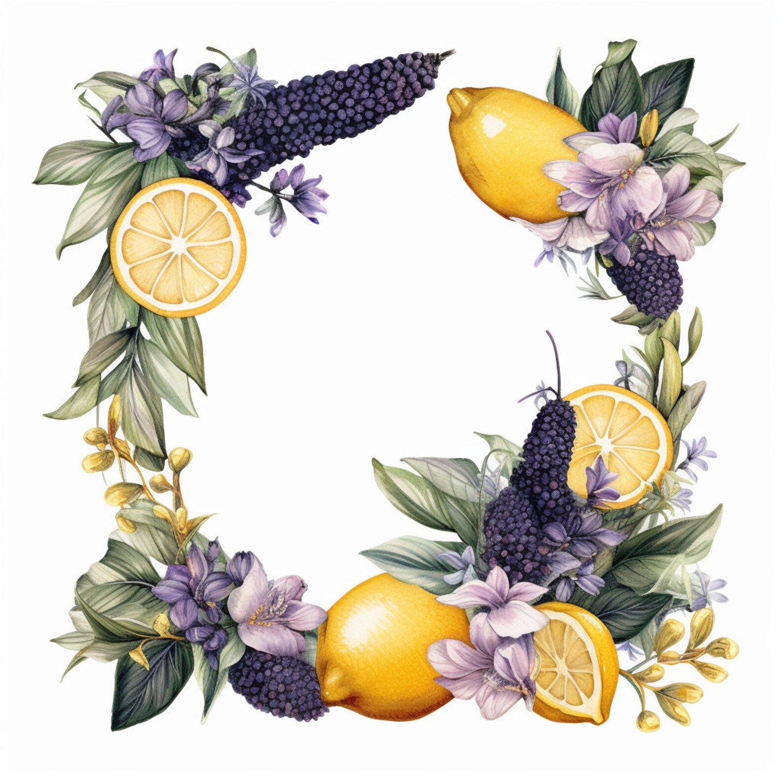 Lemon Wreath Clipart - Levander - Rectangular Frame PNG - Round Frame ...