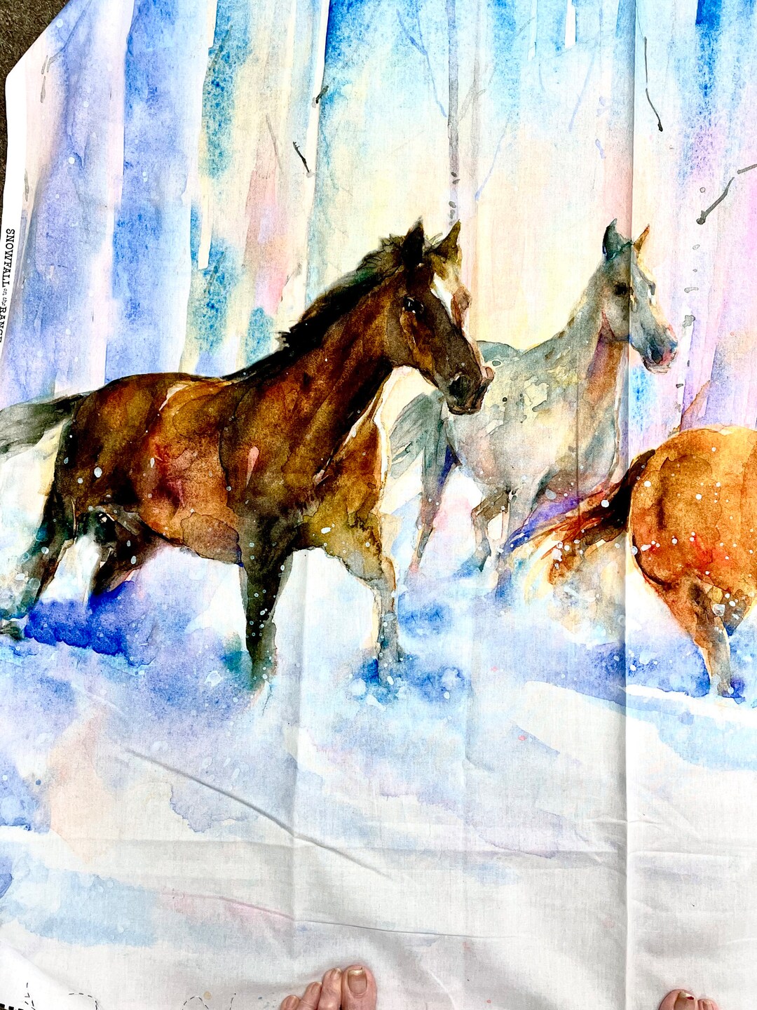 Snowfall on the Range Fabric Horses Running Panel 3 Wishes John Keeling ...