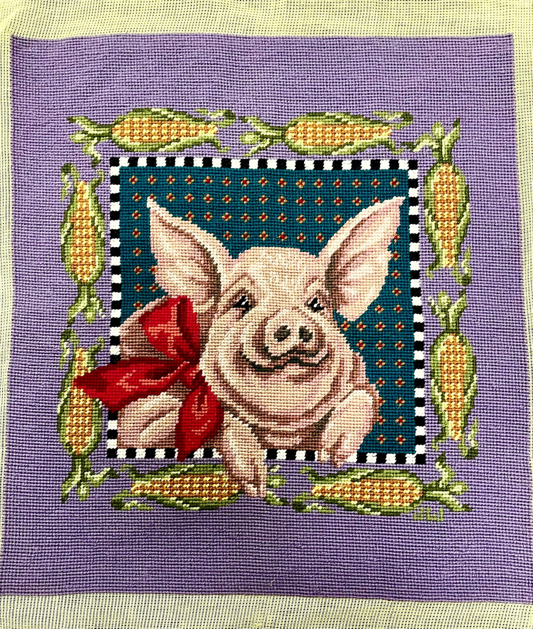 Finished Needlepoint Pink Pig 12 Mesh Canvas Tapestry Wool Yarn 16x18 ...