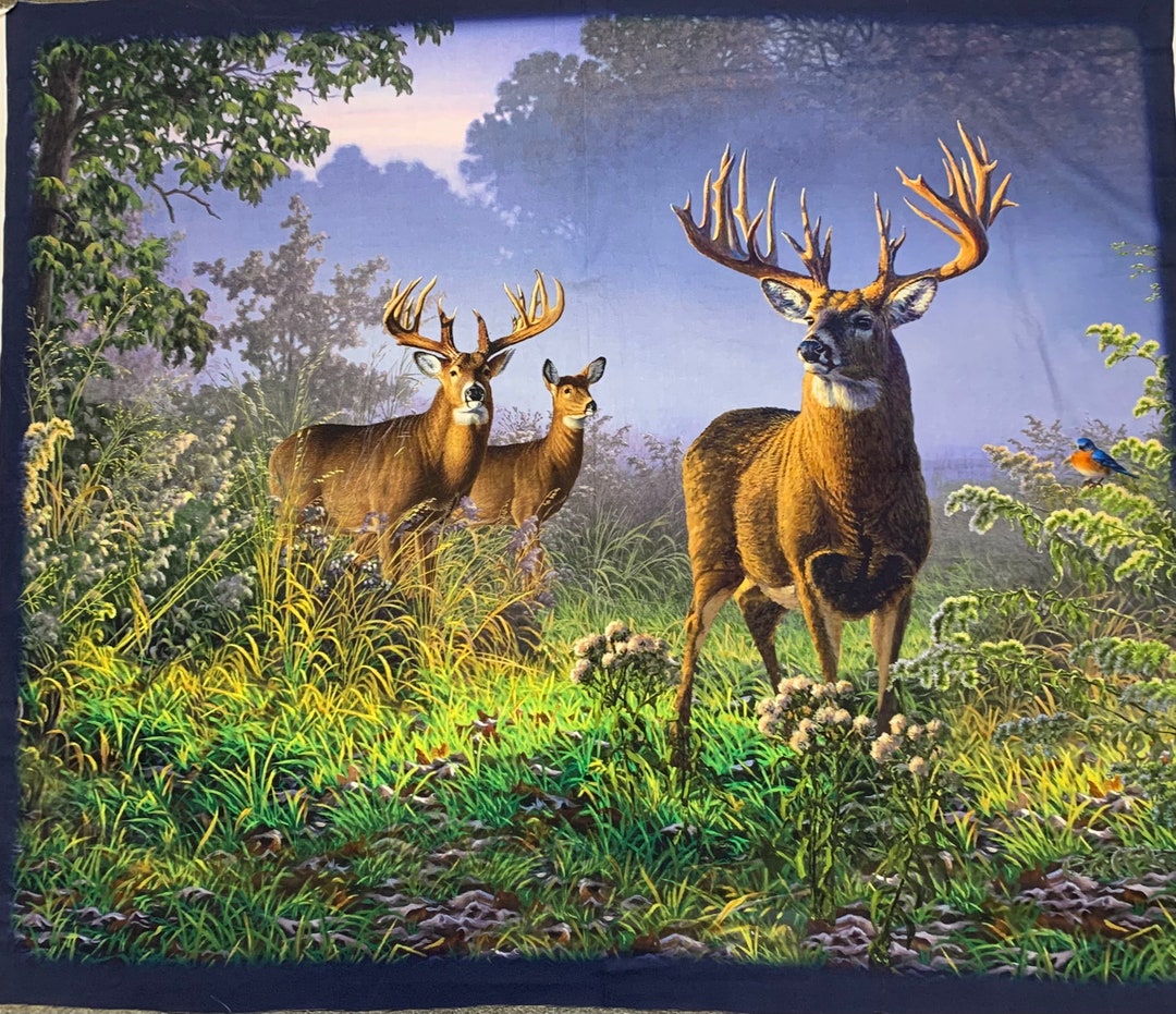 Bucks and Doe Panel Roaming the Meadow Man Cave Hunting Cabin One Block ...