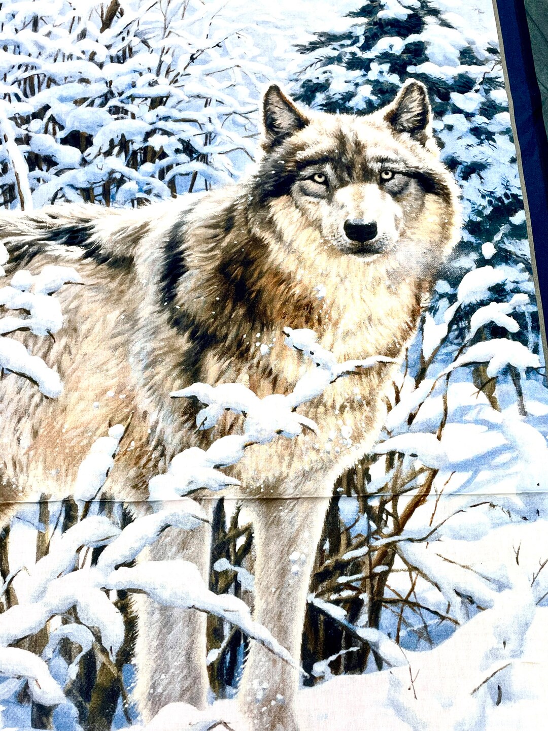 Wolf in Snow Fabric Panel OBW Attic Windows Whisper Wolf Man Cave ...