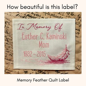 Custom Embroidered Feather Memory Quilt Label | Personalized Embroidered Feather Memory Quilt ...