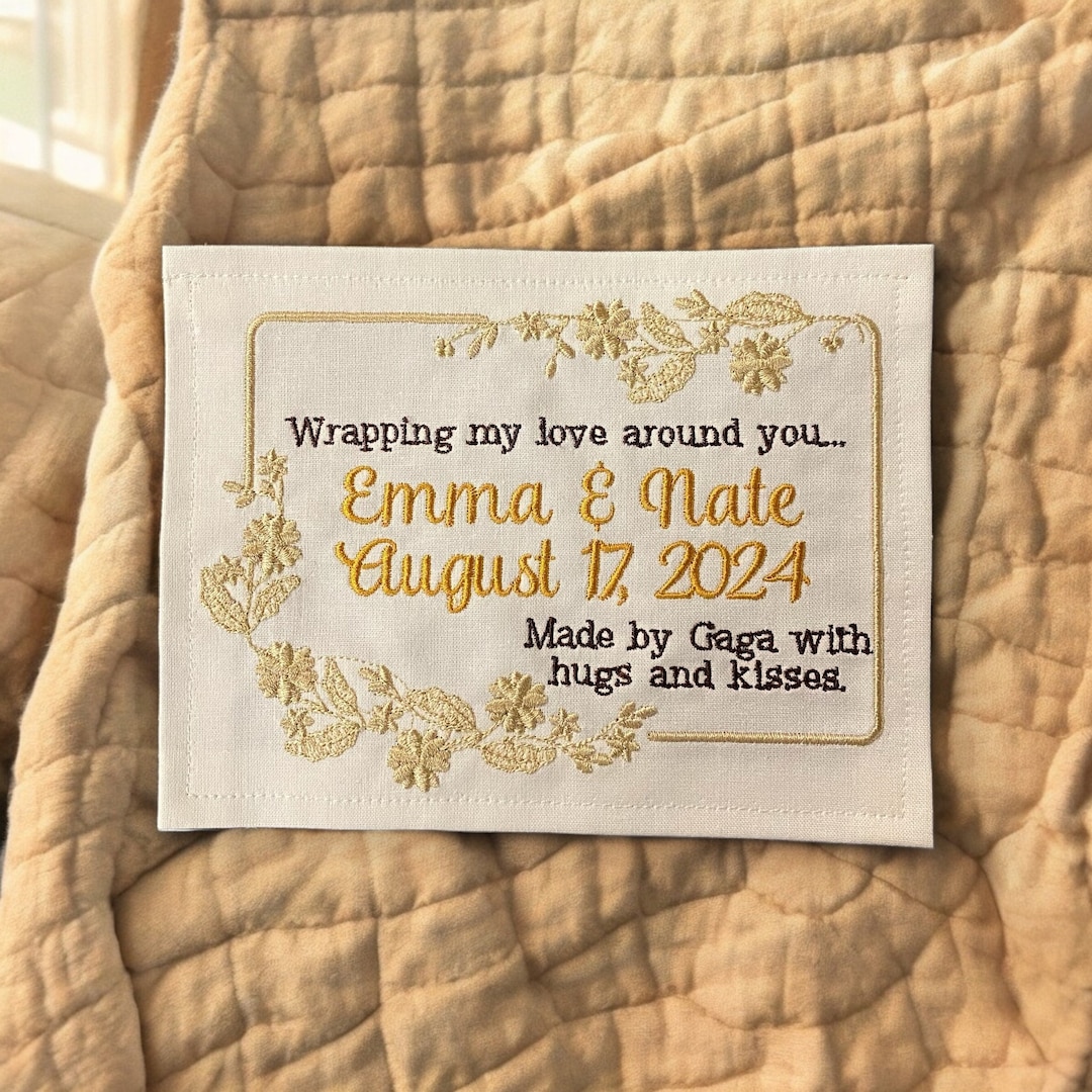Custom Embroidered Floral Quilt Label | Embroidered Wedding Quilt Label ...