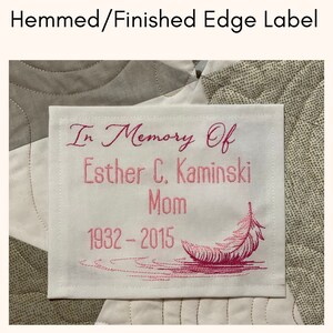 Custom Embroidered Feather Memory Quilt Label | Personalized Embroidered Feather Memory Quilt ...