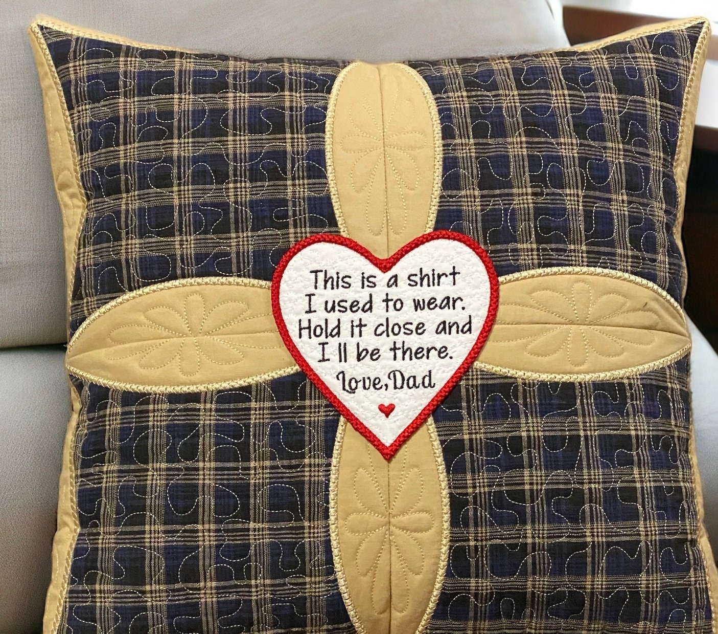 Embroidered Cathedral Window Memory Pillow From Loved One's Clothing Shirt Jeans and ...