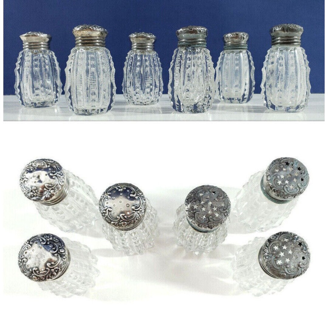 Set 6 Antique Cut Crystal Sterling Silver Star Lid Cap Salt and Pepper ...