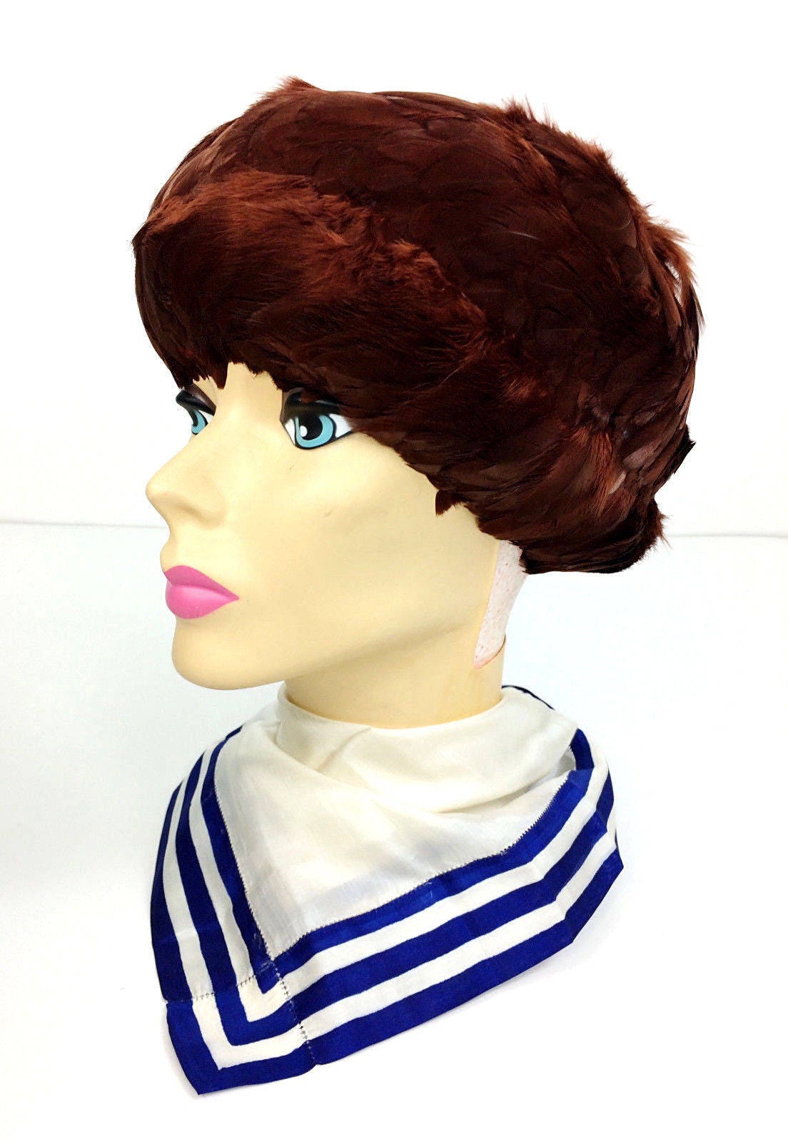Vintage Roberta Bernays Brown Feather Wig Cloche Fascinator Helmet Hat ...