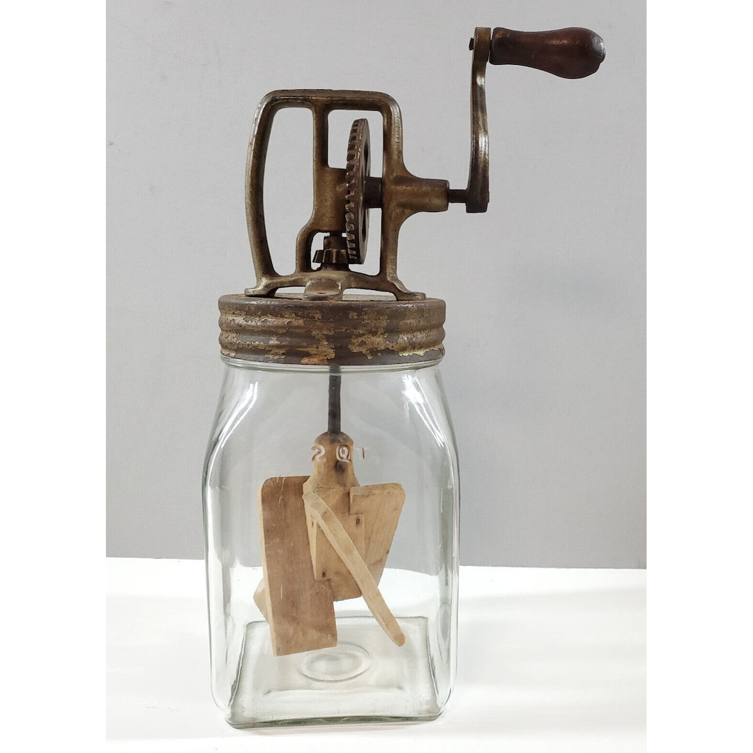 Antique 2 Quart Glass Jar Butter Churn Wood Paddle Hand Crank Mixer - Etsy