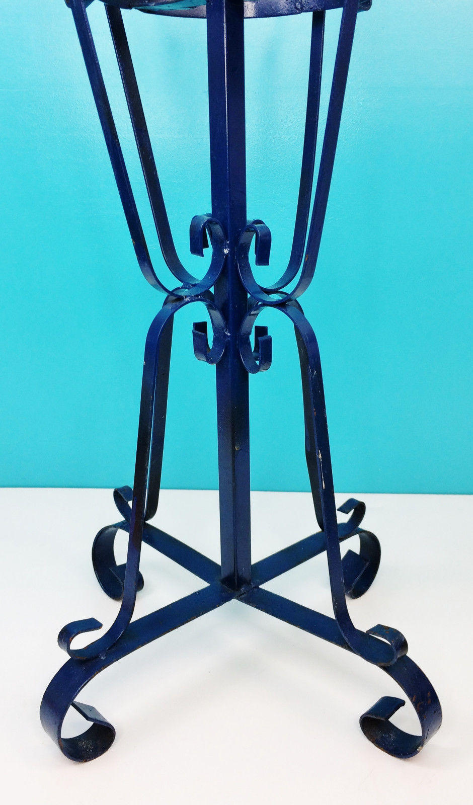 Vintage Ornate Scroll Royal Blue Wrought Iron Plant Fern Stand 27