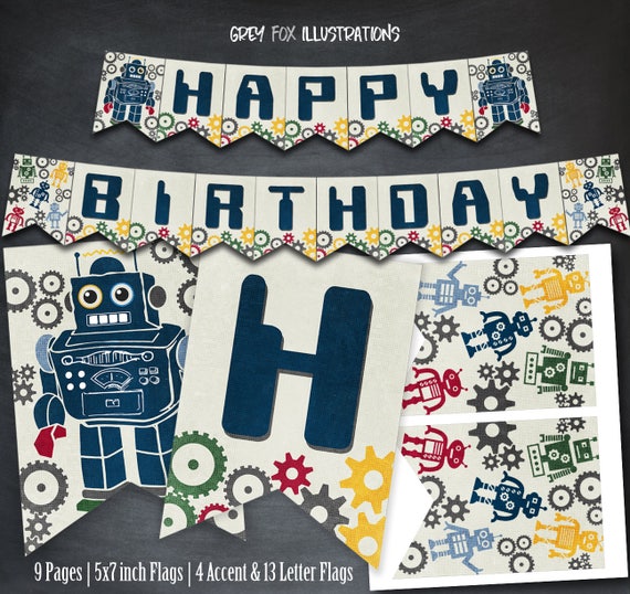 Robot Banner, Robot Happy Birthday Banner, Robot Printables, Retro ...