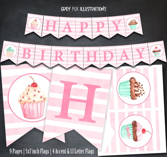 Cupcake Birthday Banner, Cupcake Banner, Pink Stripes Banner ...