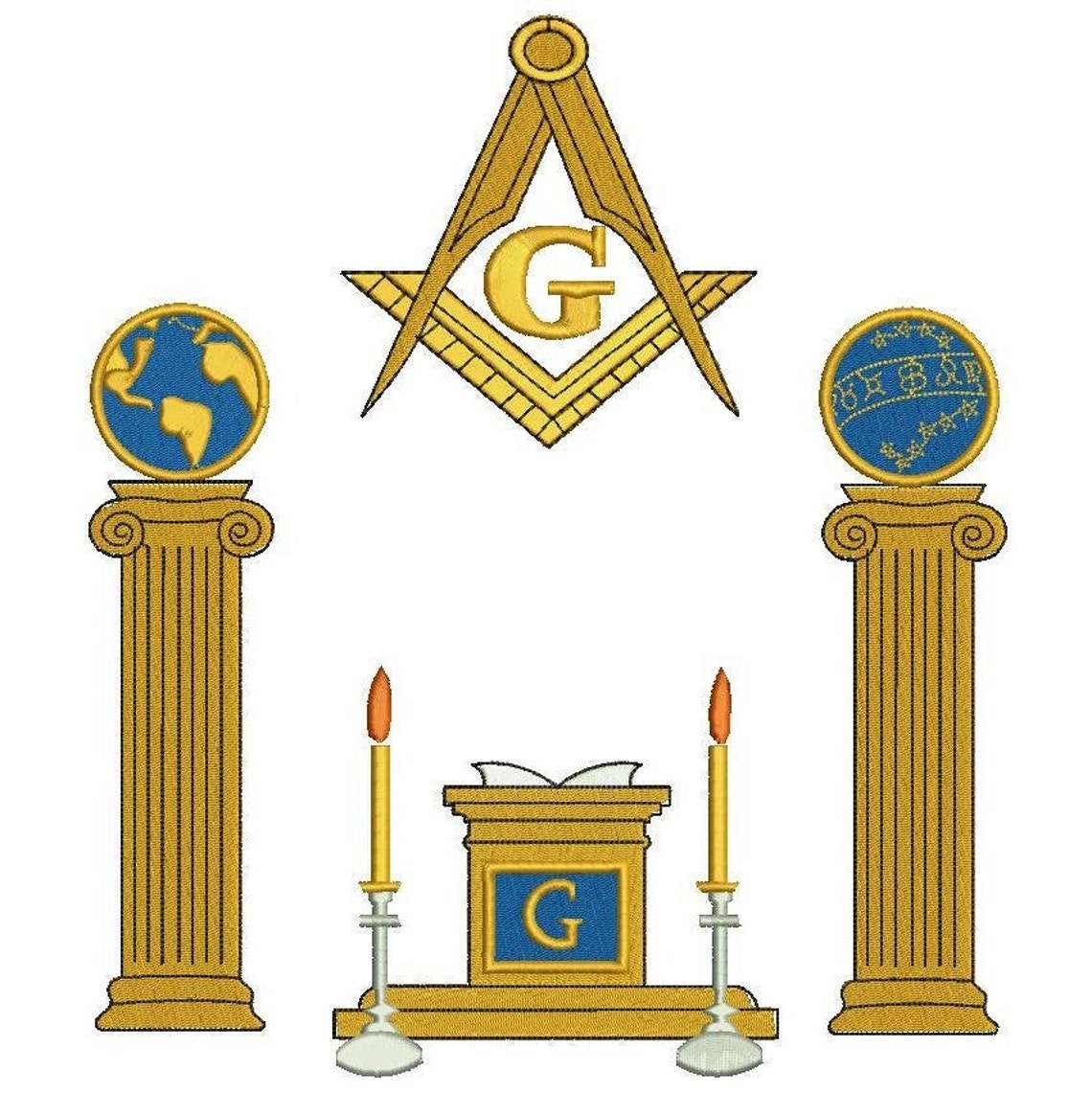 Masonic Compass Altar Pillars Jacketback Sizes Digitized Filled Machine ...