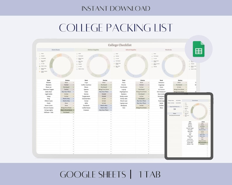 College Packing List: Customizable Google Sheets (digital Download) - Etsy