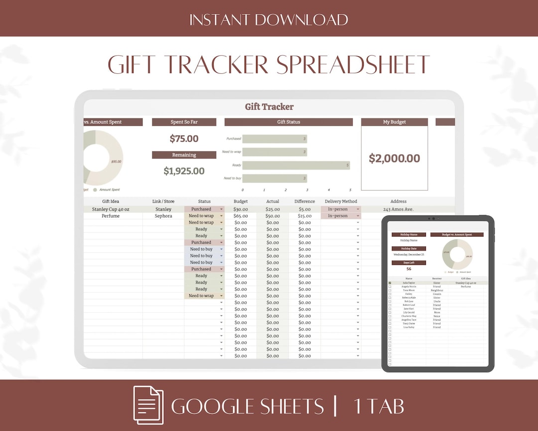 Gift Tracker Spreadsheet | Google Sheets | Holiday Spreadsheet ...