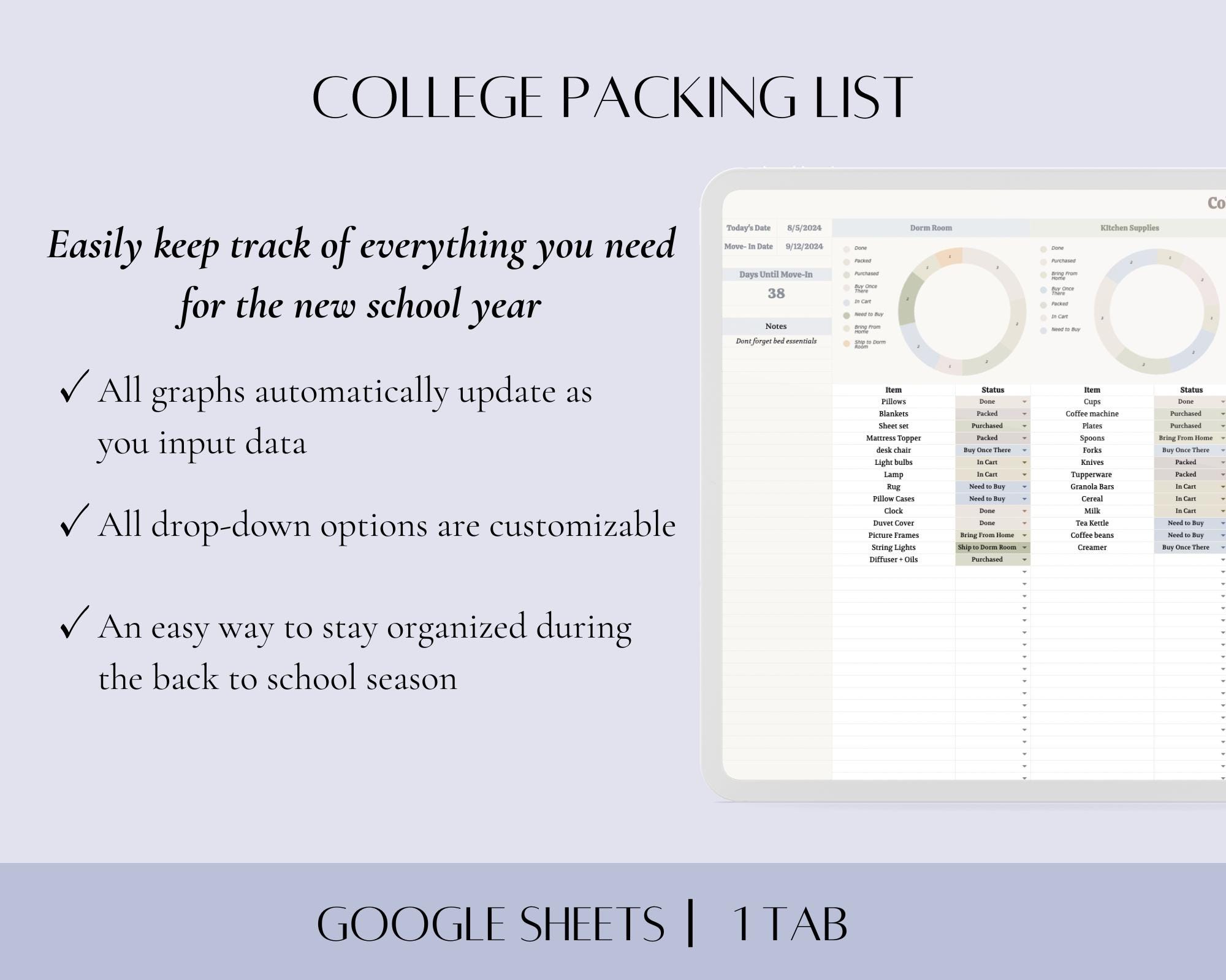 College Packing List: Customizable Google Sheets (digital Download) - Etsy