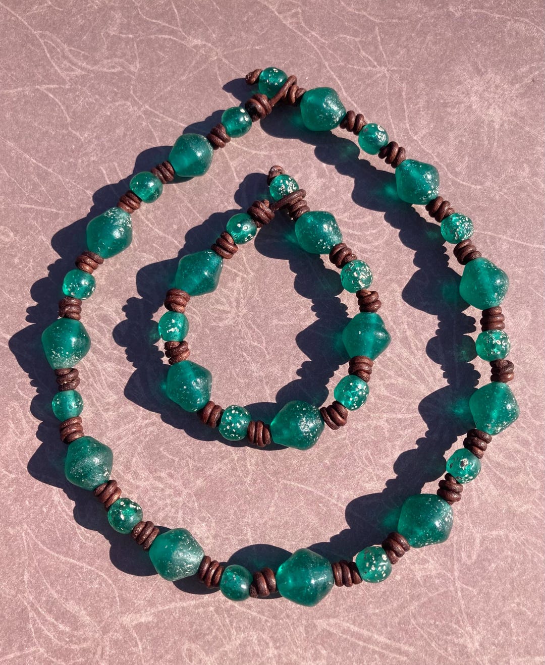 Green Java Glass Bead Knotted Leather Necklace and Bracelet Set - Etsy