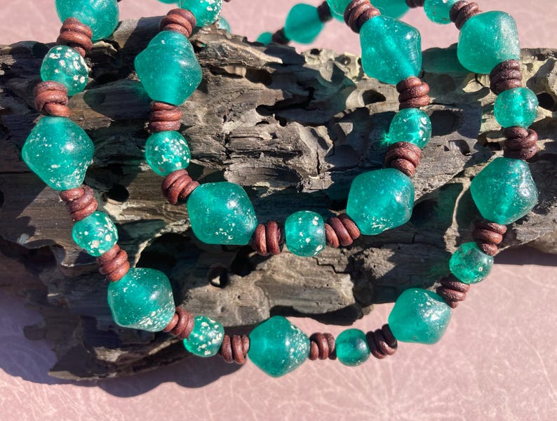 Green Java Glass Bead Knotted Leather Necklace and Bracelet Set - Etsy