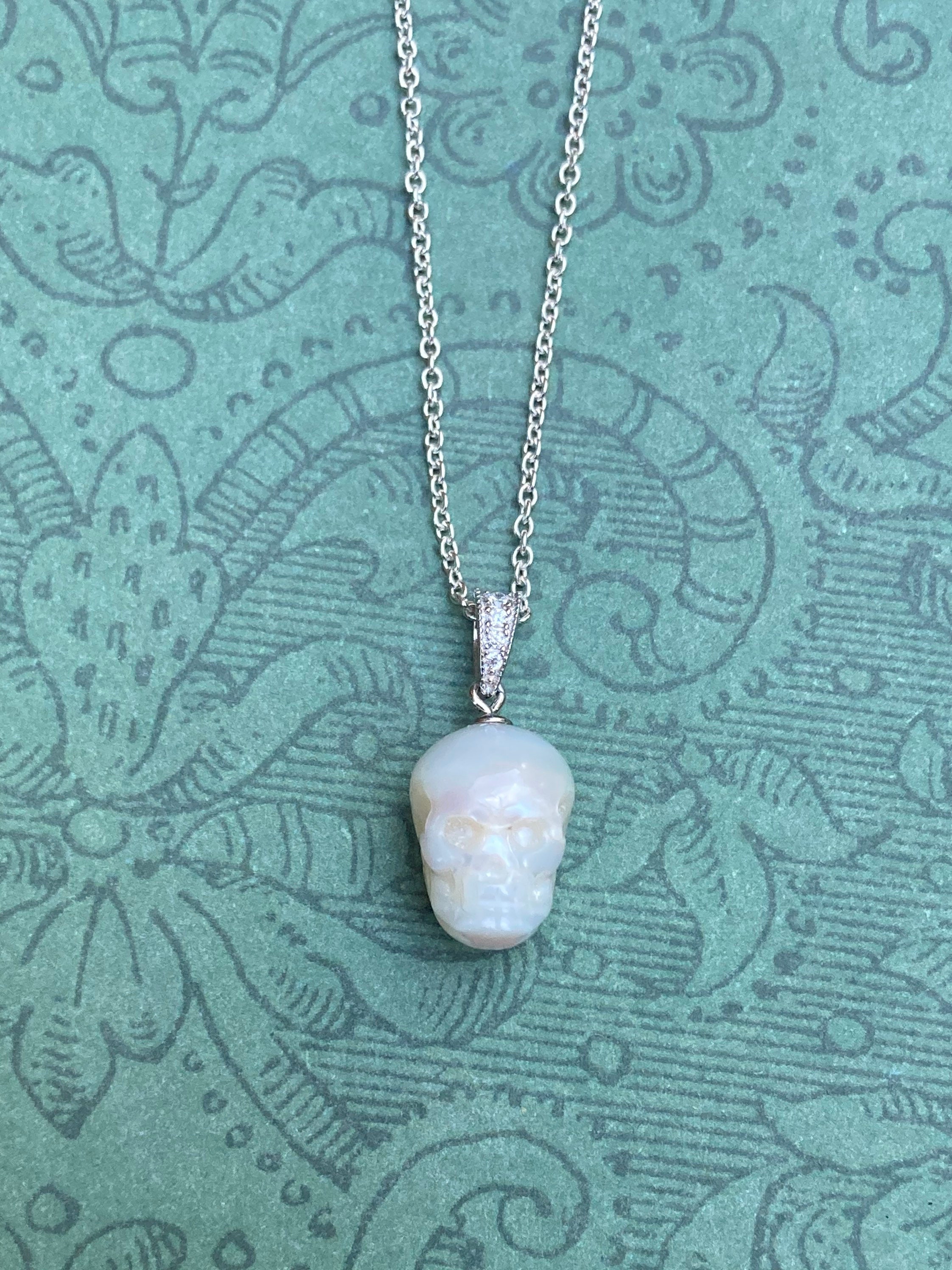 Pearl Skull Necklace, White Pearl Skull Necklace, Pearl Skull Pendant ...