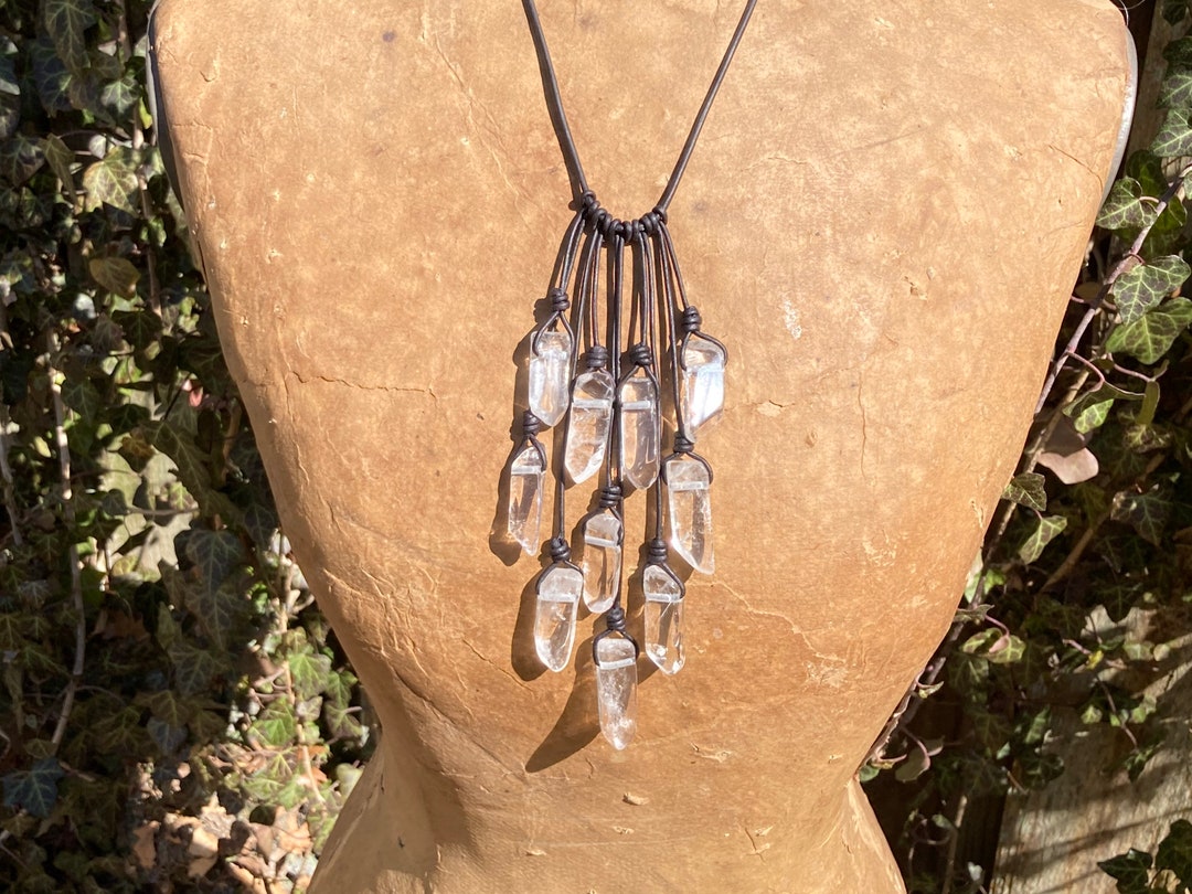 Knotted Leather Clear Quartz Cascade Necklace - Etsy