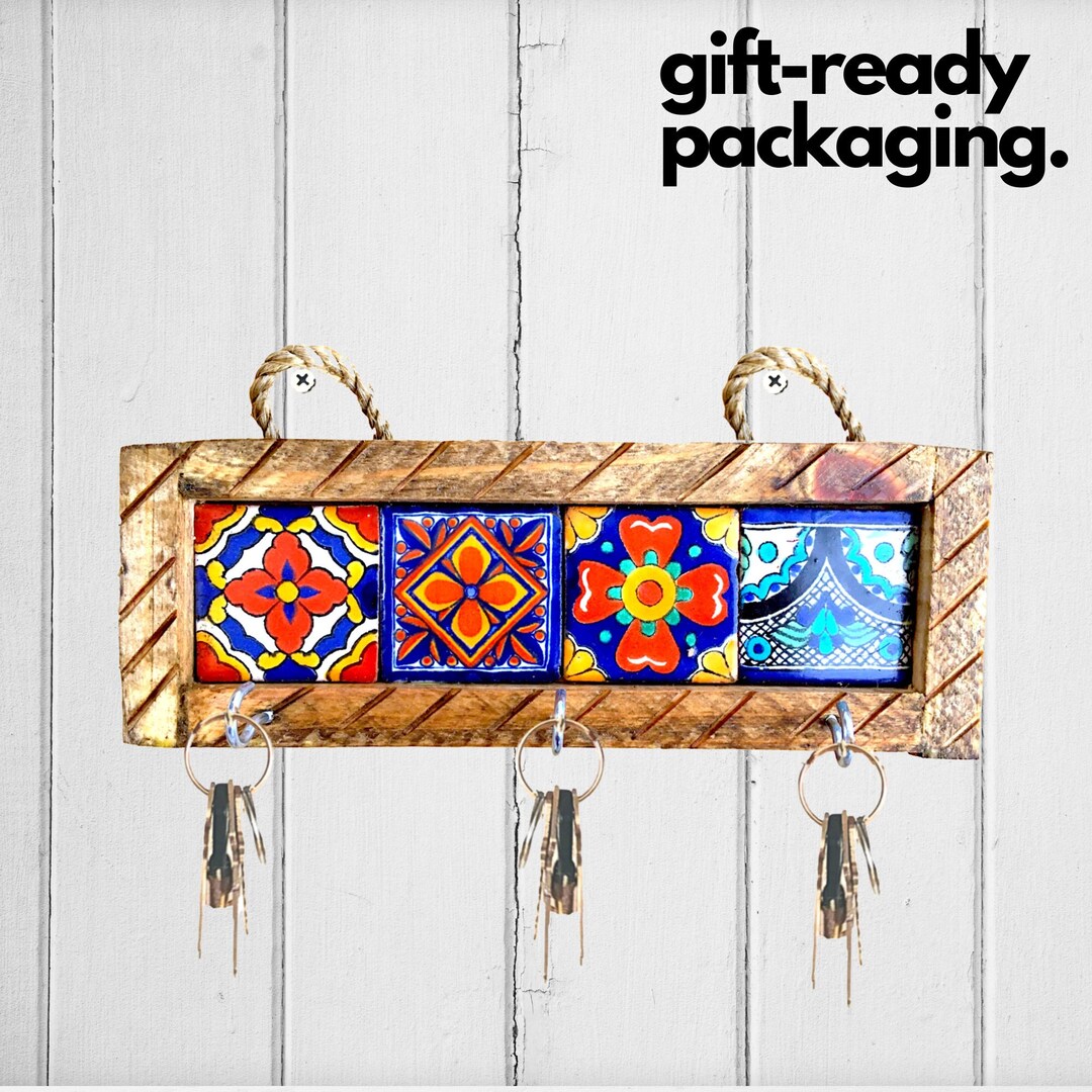 Mexican Key Holder With Hooks and Colorful Talavera Tiles Talavera Wall ...