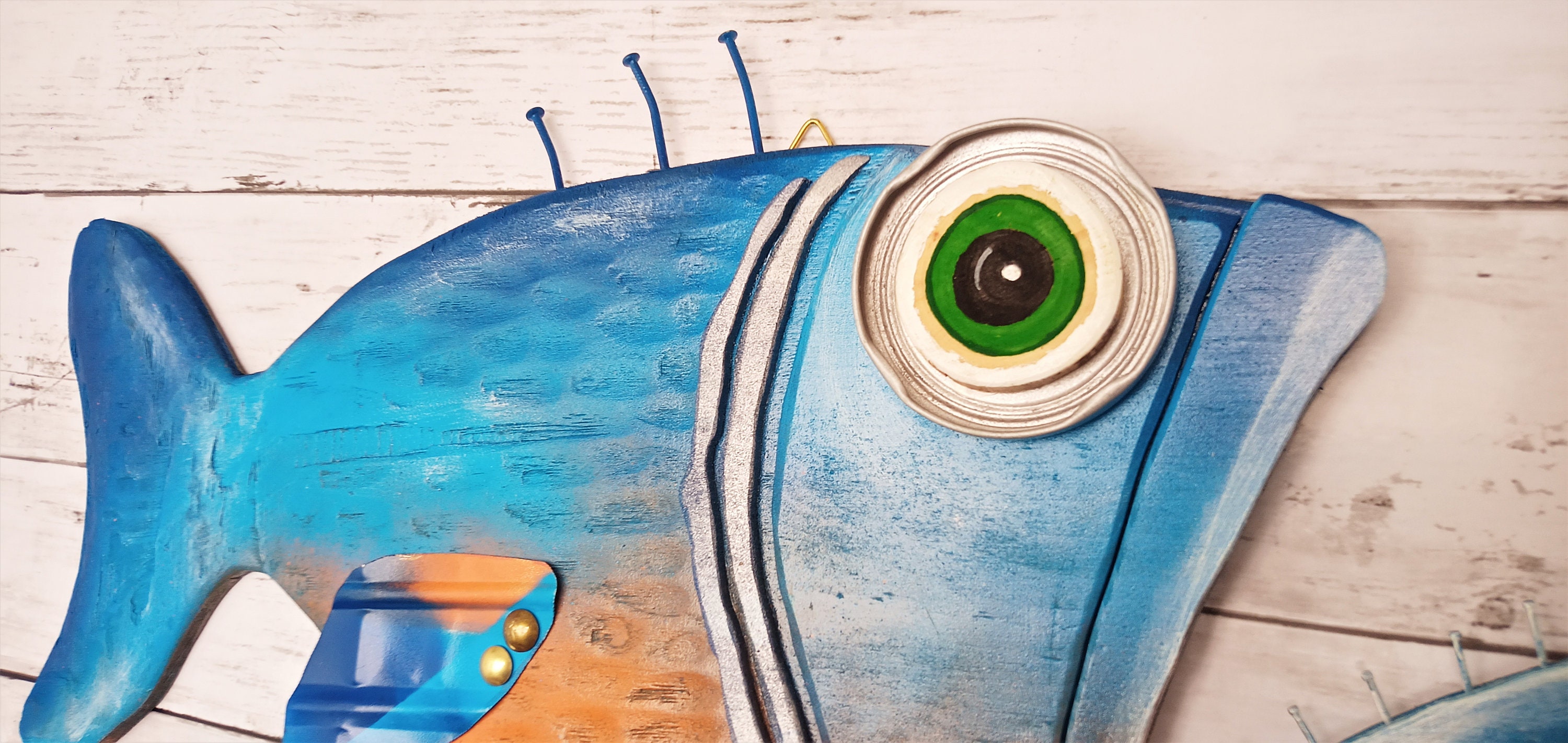 Fish Sculpture,marine Life Blue and Orange Wooden Fish Decor, Recycled ...
