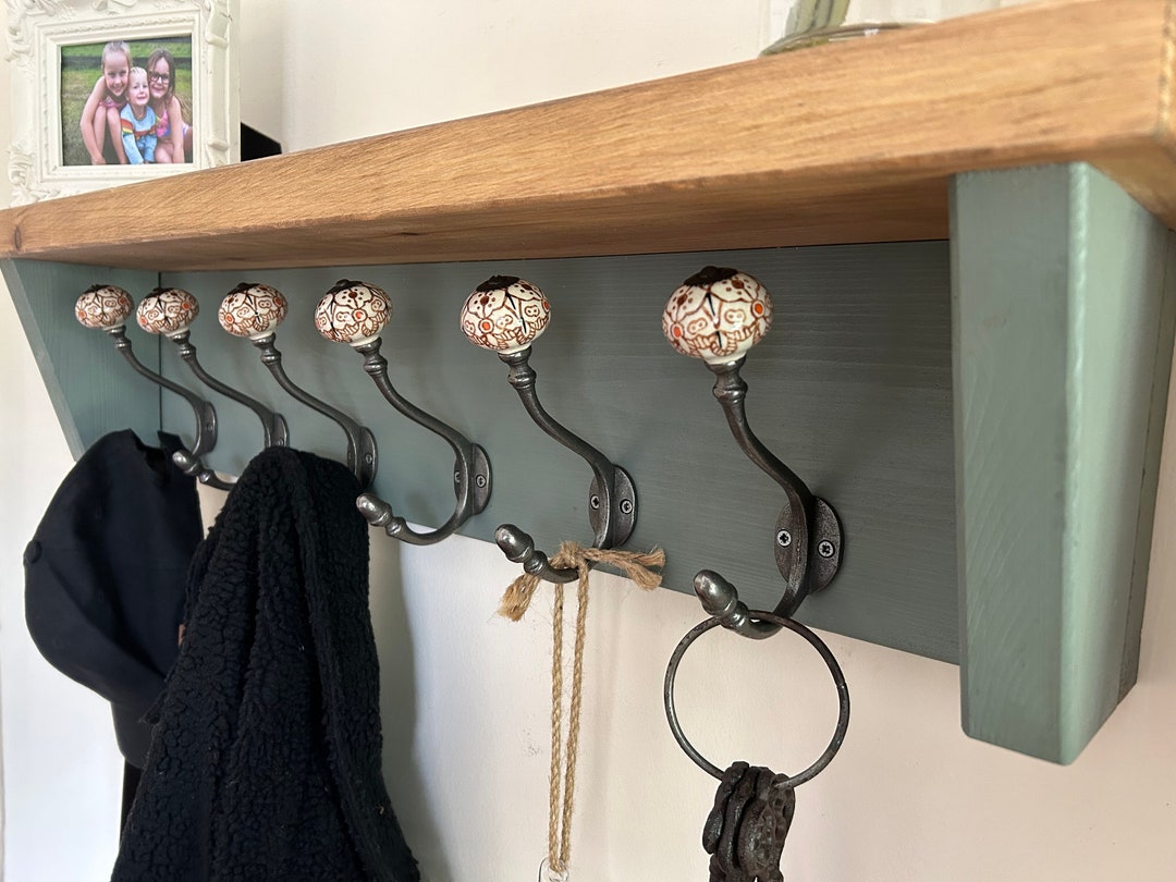 Willow Green and Medium Oak Coat Rack With Shelf - Vintage Ceramic Tip ...