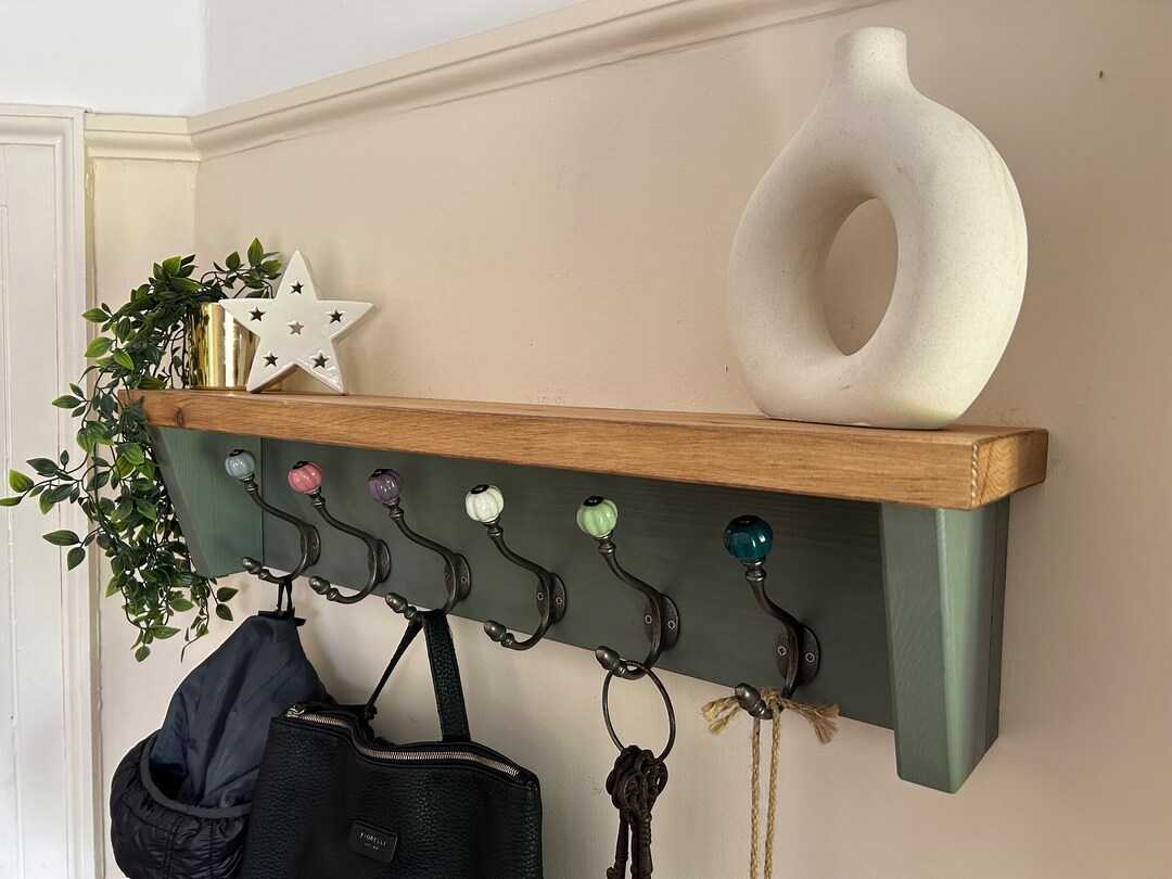 Willow Green and Medium Oak Coat Rack With Shelf - Cast Iron Metal ...