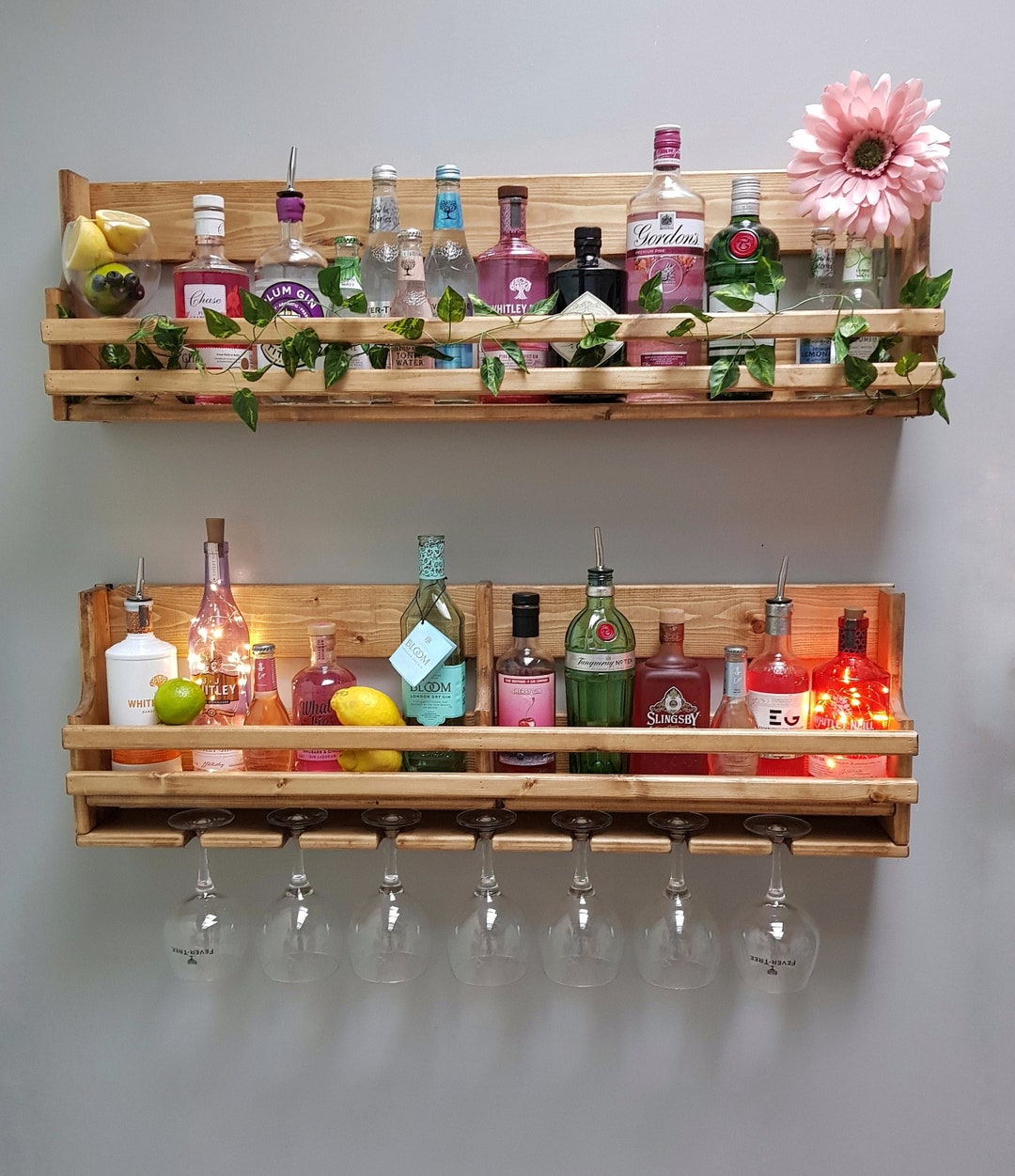 Reclaimed Wooden Gin Rack: Rustic Floating Bottle & Glass Shelf - Etsy