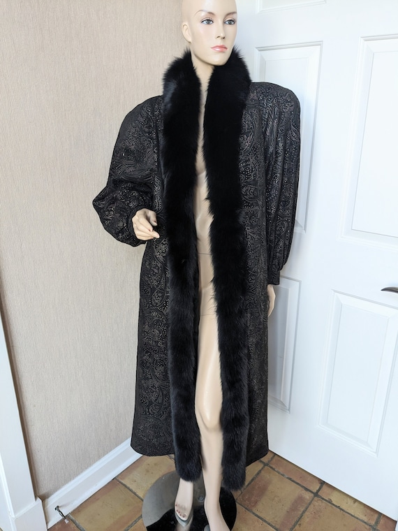 1980's Fox Fur Coat Long Leather Embossed Gold Purple… - Gem