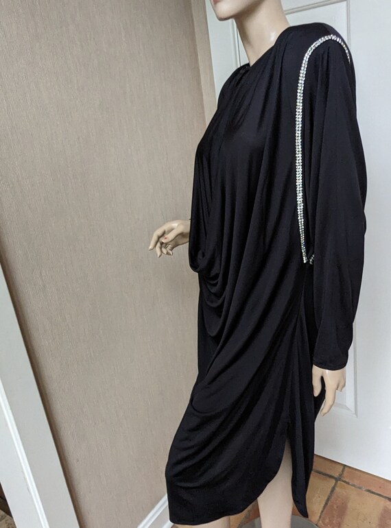 Disco Cocoon Dress 1970's Black Rhinestone Trim Batwi… - Gem