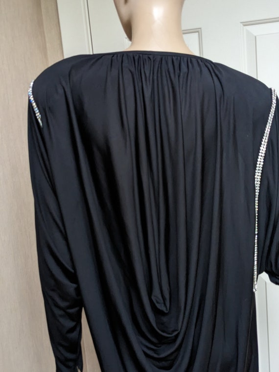 Disco Cocoon Dress 1970's Black Rhinestone Trim Batwi… - Gem