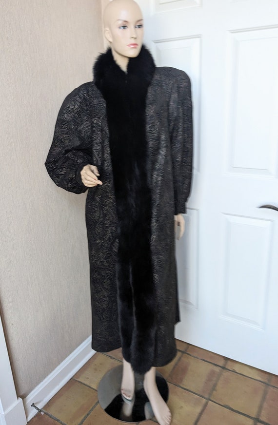 1980's Fox Fur Coat Long Leather Embossed Gold Purple… - Gem