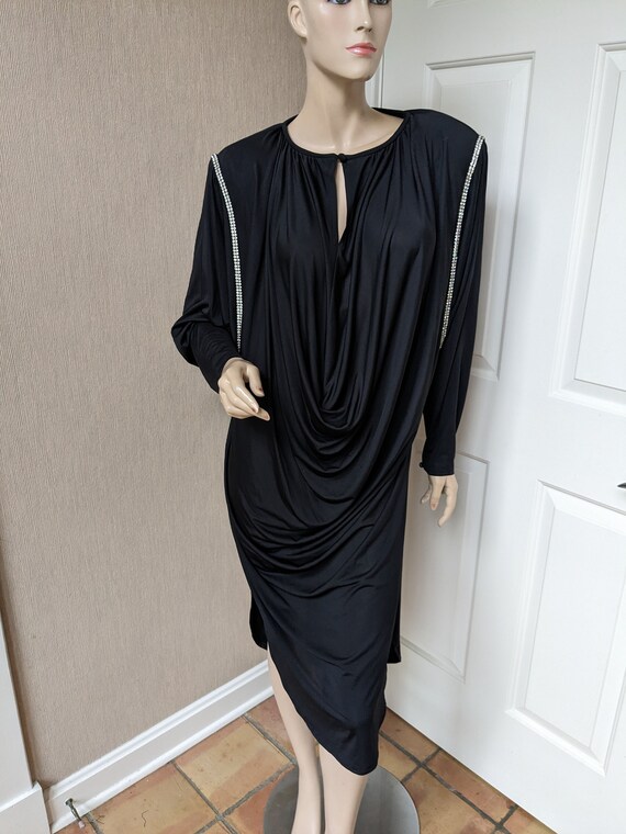 Disco Cocoon Dress 1970's Black Rhinestone Trim Batwi… - Gem