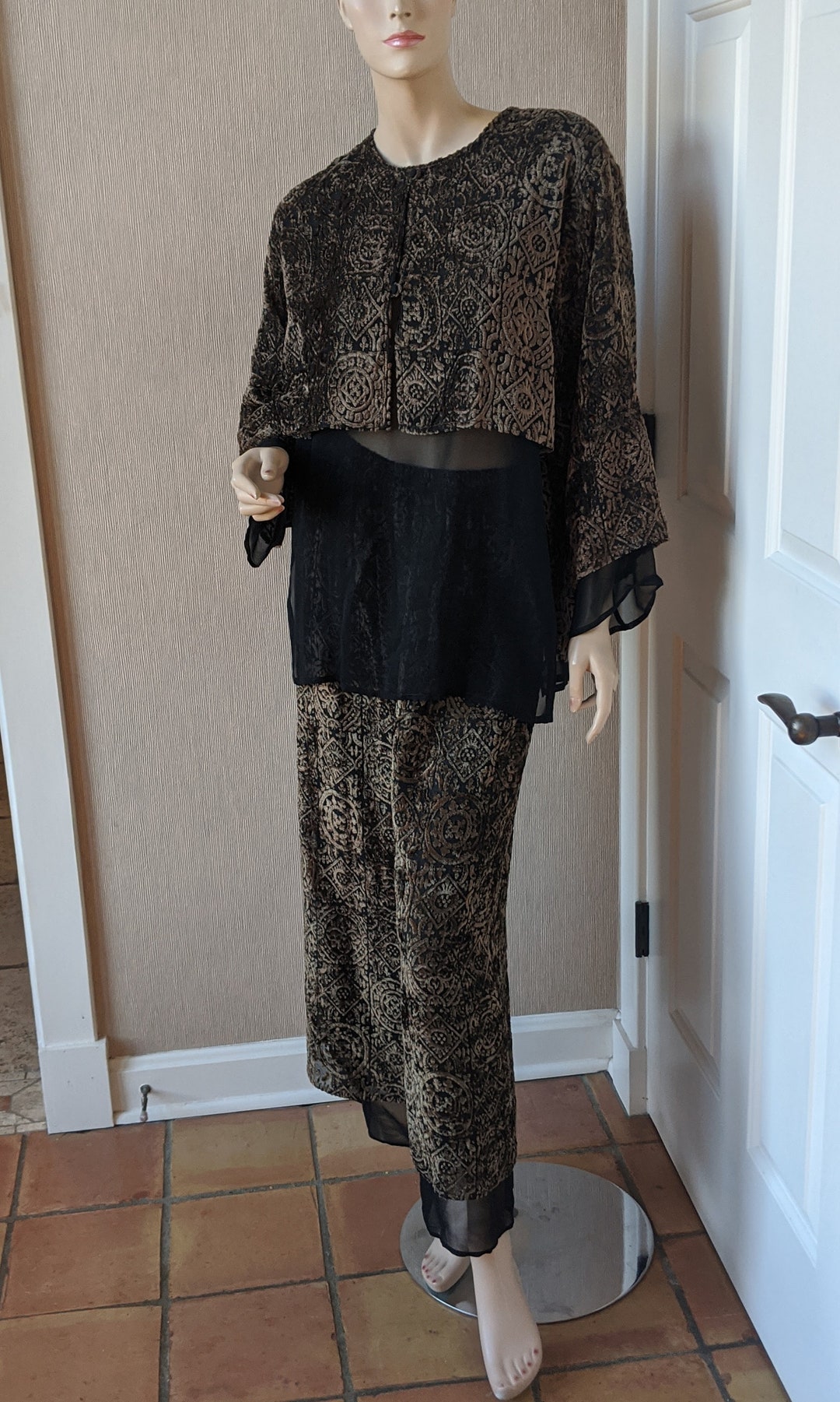 HAN FENG New York Asian Designer Style Burnout Velvet Sheer Black Silk ...